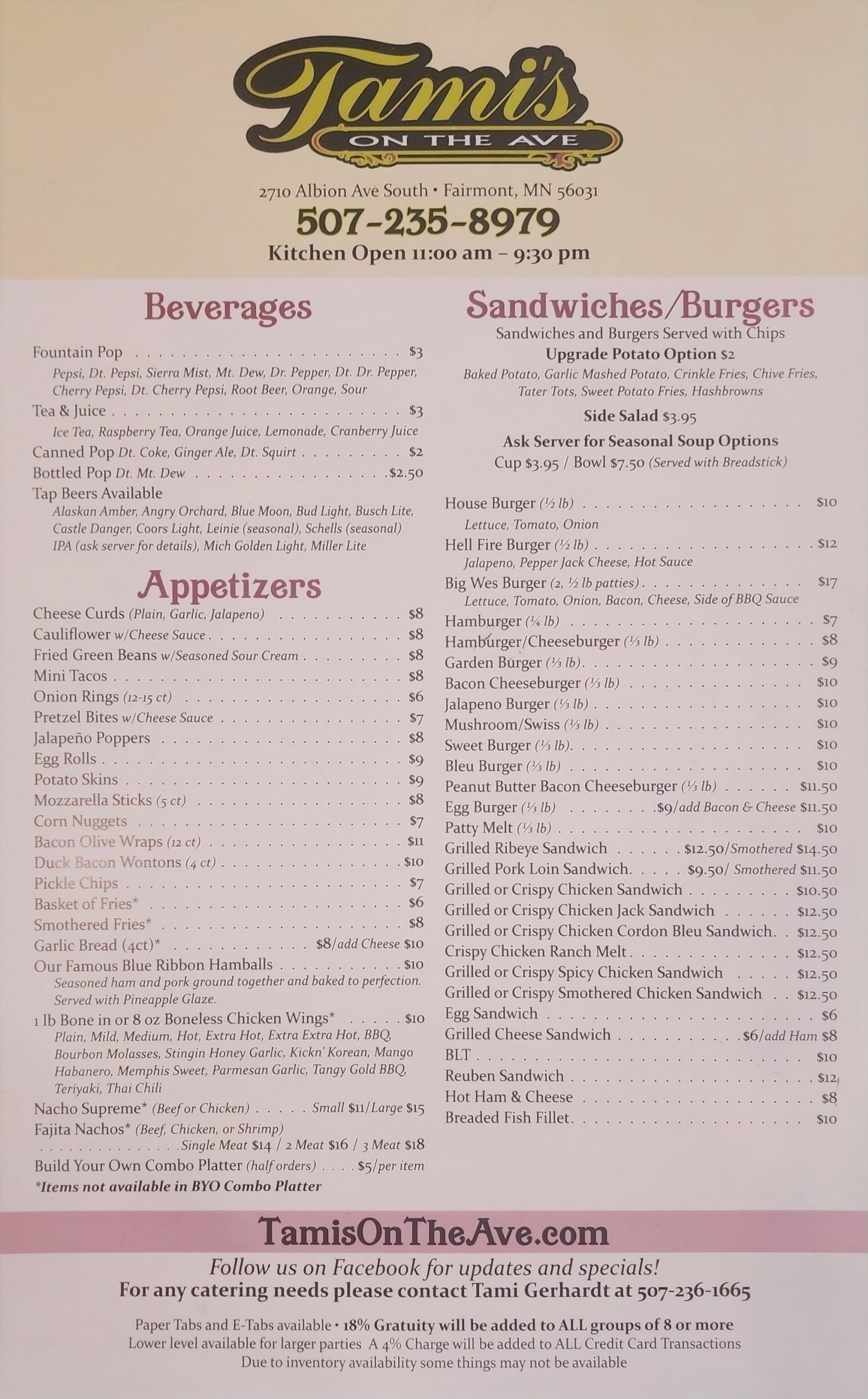 Restaurant & Caterer Serving Fairmont, MN | Tami's On The Ave
